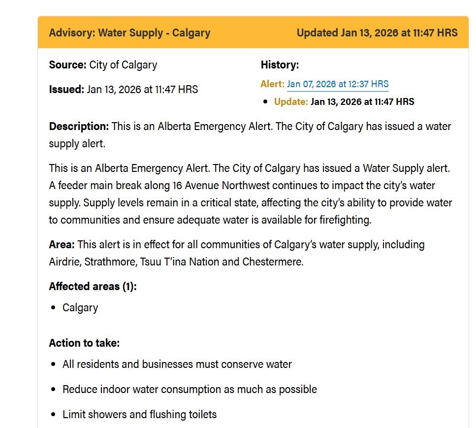 Advisory-level Alberta Emergency Alert updated for Calgary water system ...