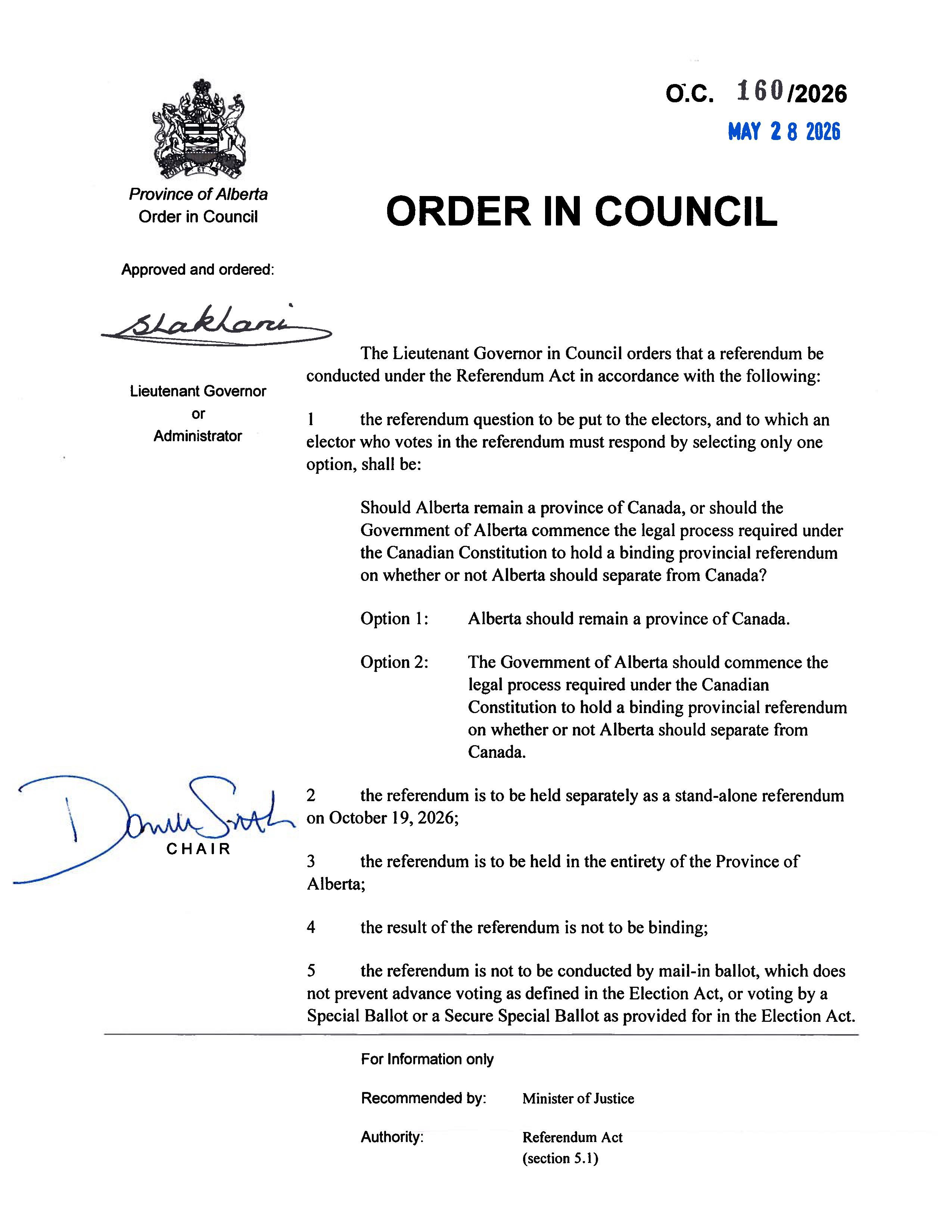 Alberta orders non-binding Oct. 19 referendum on future in Canada ...