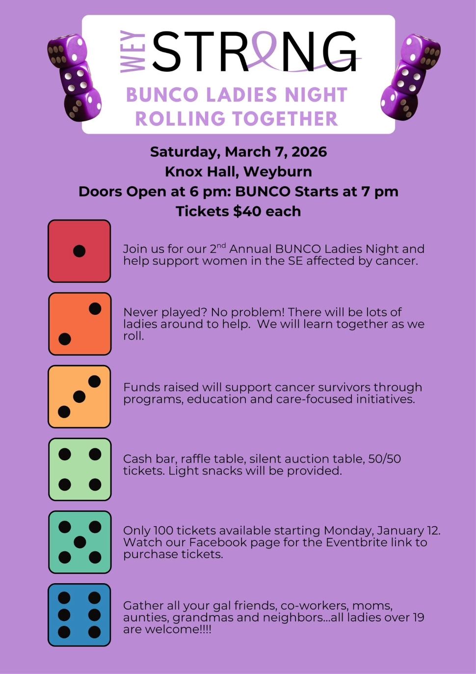 Just a roll away: WeyStrong Bunco night fundraiser coming up in March ...