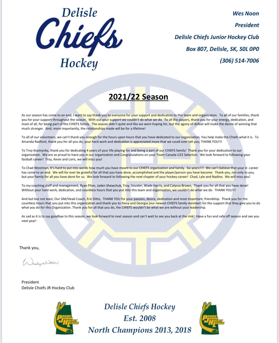 Chiefs President Wes Noon pens letter to Delisle faithful ...
