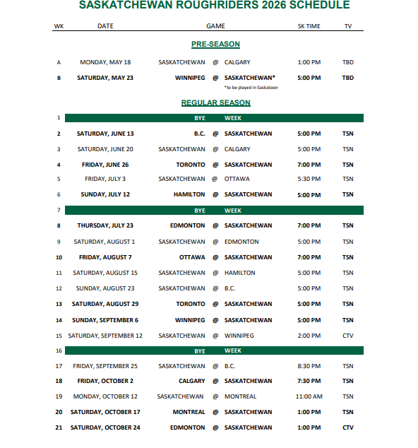 Saskatchewan Roughriders begin 2026 season on Saturday June 13 vs BC ...