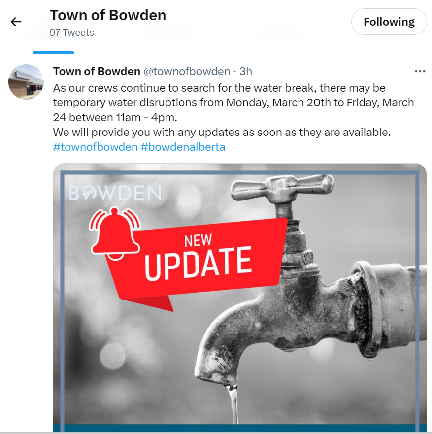 Town of Bowden experiencing a water main break - CentralAlbertaOnline ...
